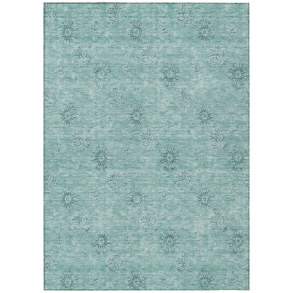 HomeRoots Tapis extérieur lavable floral bleu sarcelle et ivoire 5 pi x 8 pi - Wayfair Canada